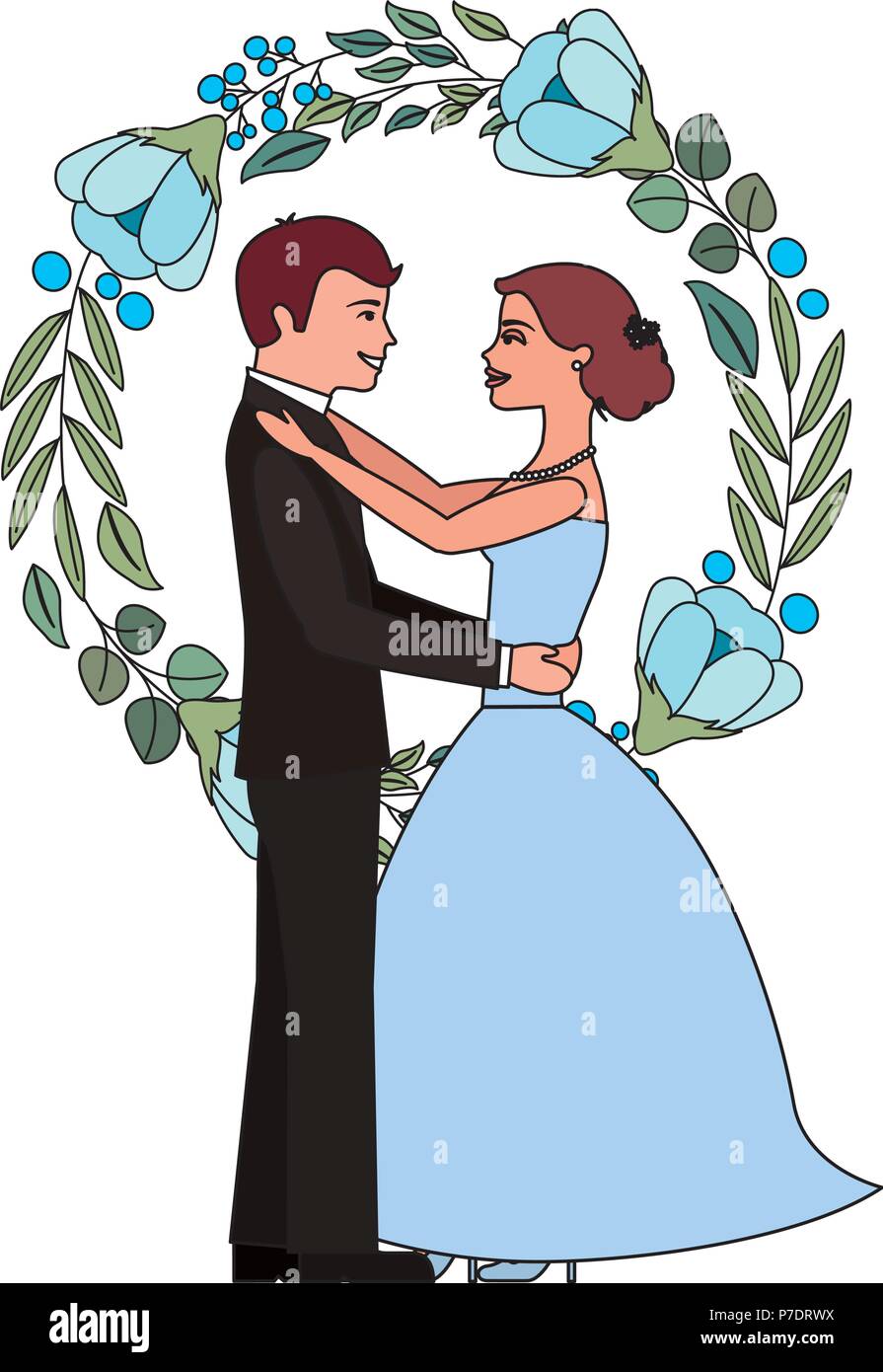 bride and groom and their first dance wedding day wreath flowers vector ...