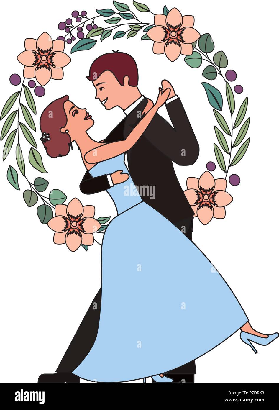 bride and groom and their first dance wedding day wreath flowers vector ...