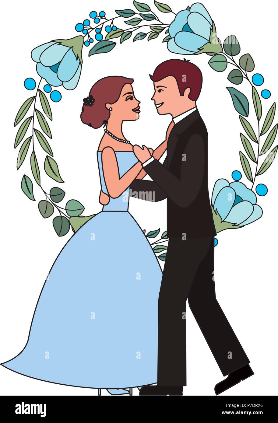 bride and groom and their first dance wedding day wreath flowers vector ...