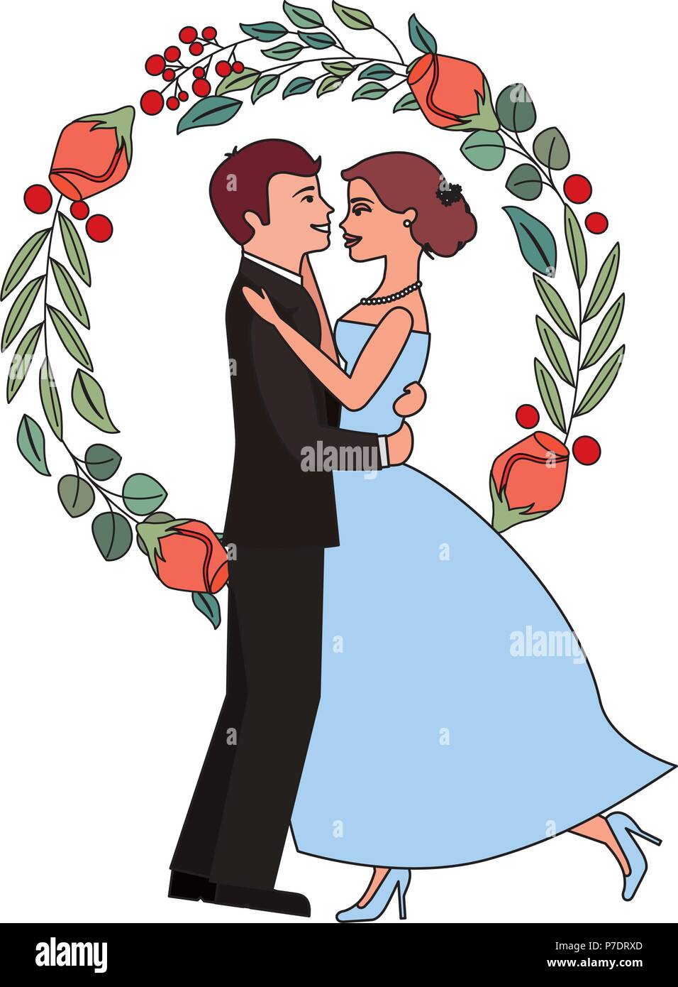 bride and groom and their first dance wedding day wreath flowers vector ...
