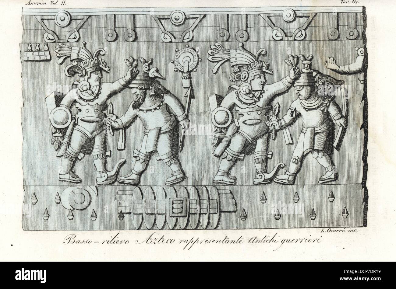 Aztec bas-relief depicting ancient warriors. Handcoloured copperplate ...