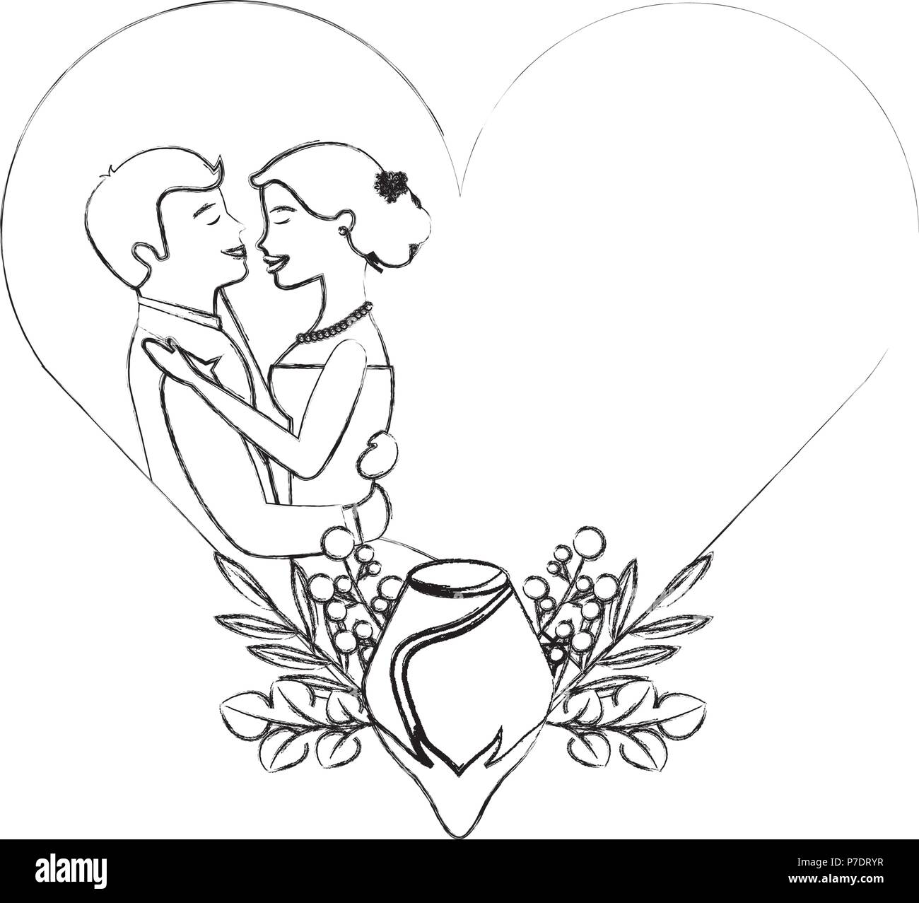 couple wedding day flowers in heart love vector illustration sketch ...