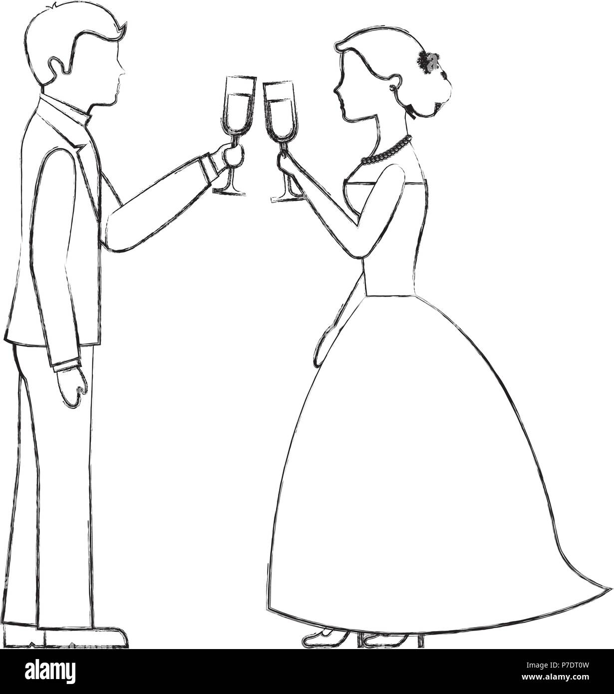 couple toasting wine glasses in wedding day vector illustration sketch ...