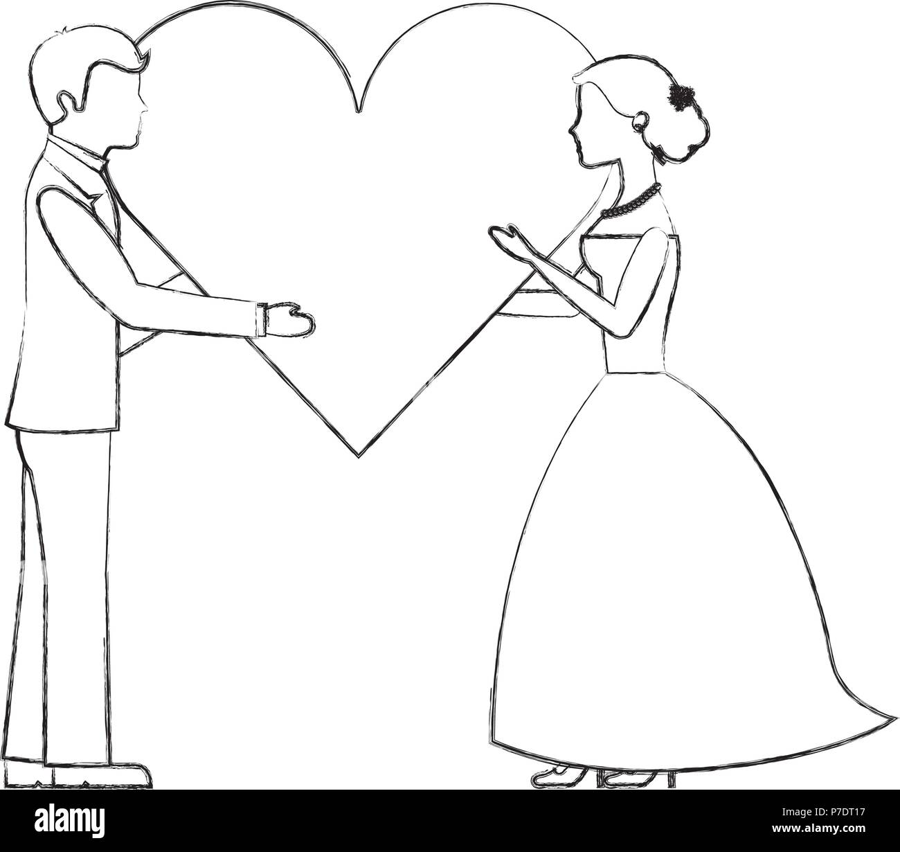 bride and groom wedding day holding heart vector illustration sketch ...