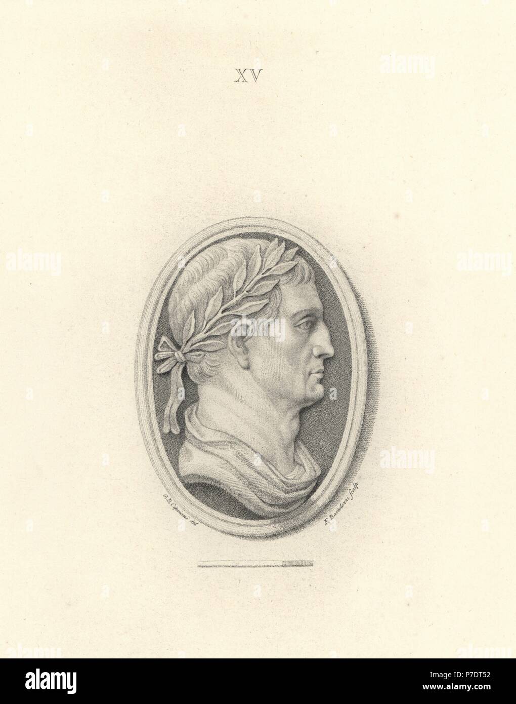 Head of Roman Emperor Galba with laurel wreath. Copperplate engraving ...
