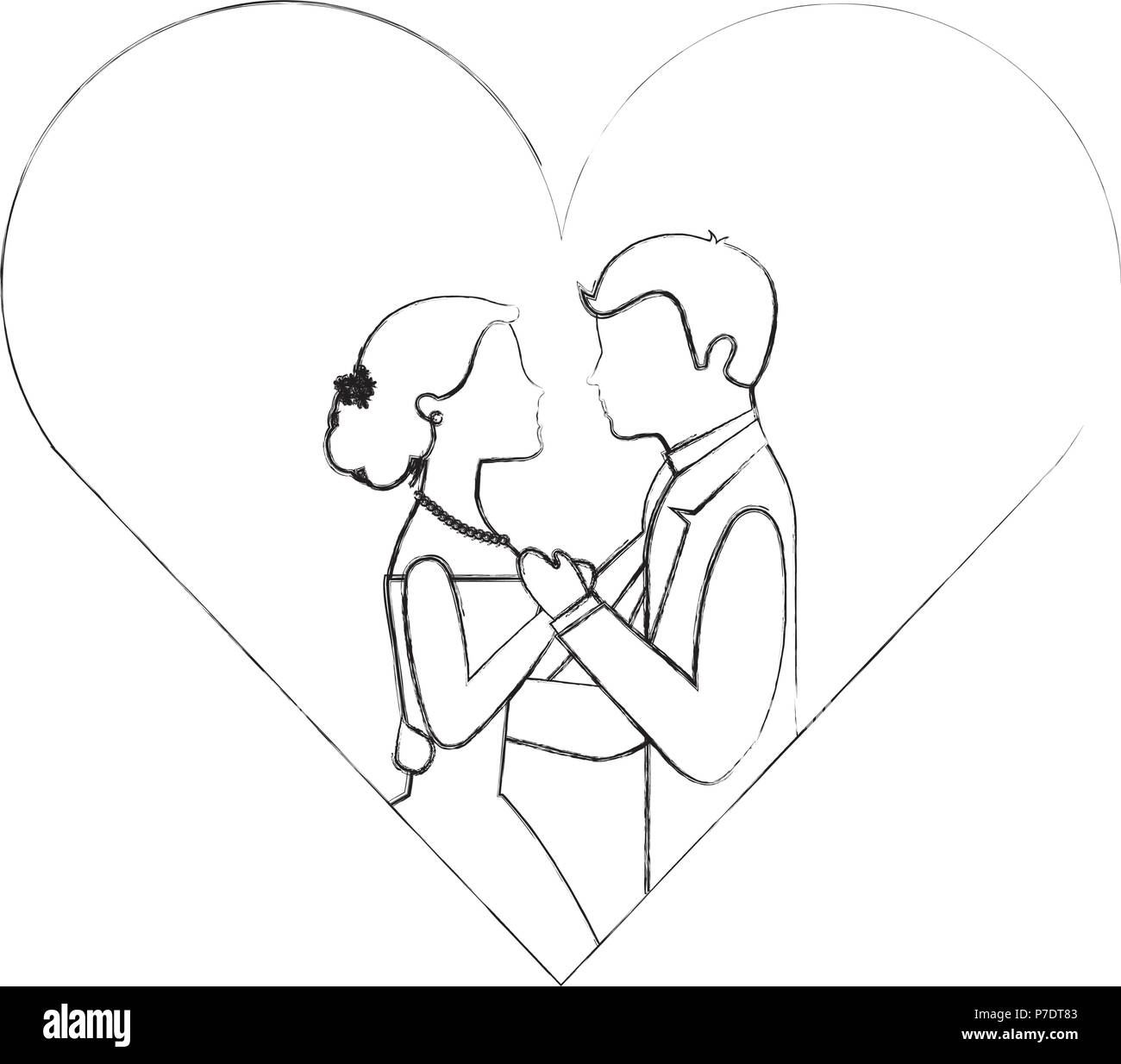 cute bride groom dancing heart love vector illustration sketch Stock ...