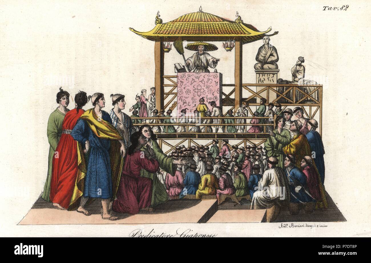 Japanese Shinto fortune teller preaching to a crowd of men with ...