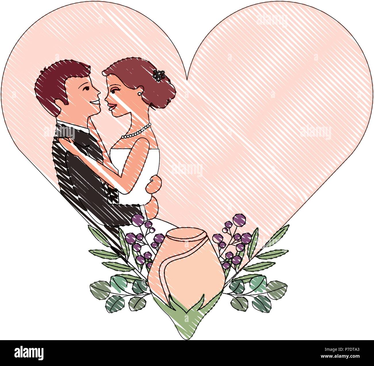 couple wedding day flowers in heart love vector illustration drawing ...