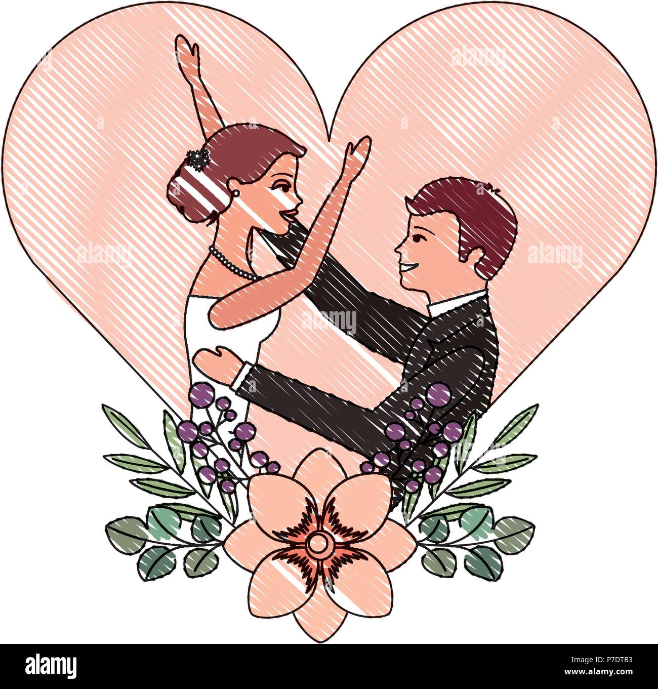 couple wedding day celebrating in heart flower decoration vector ...