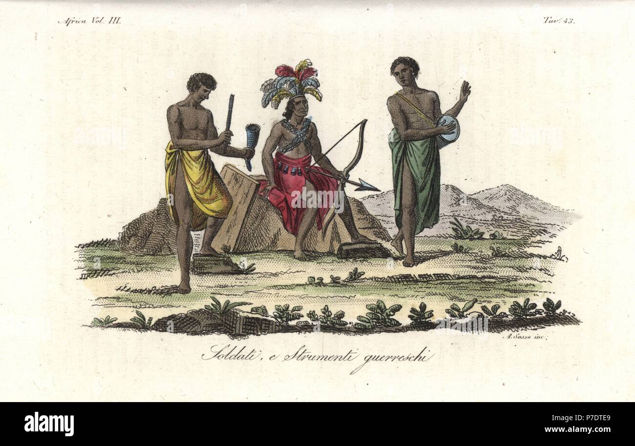 Warriors of the Kongo with weapons and battle instruments (bow, arrow ...