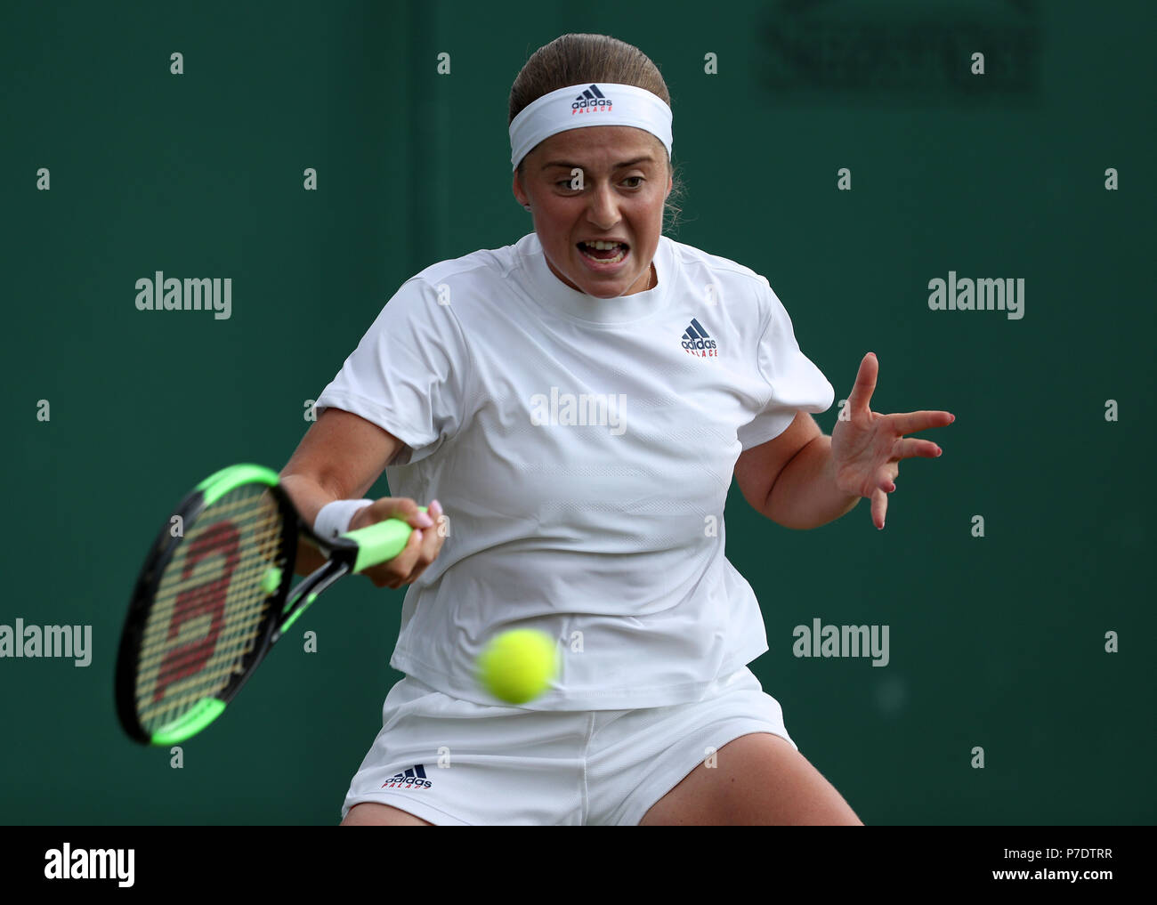 Jelena Ostapenko in action on day four of the Wimbledon Championships ...