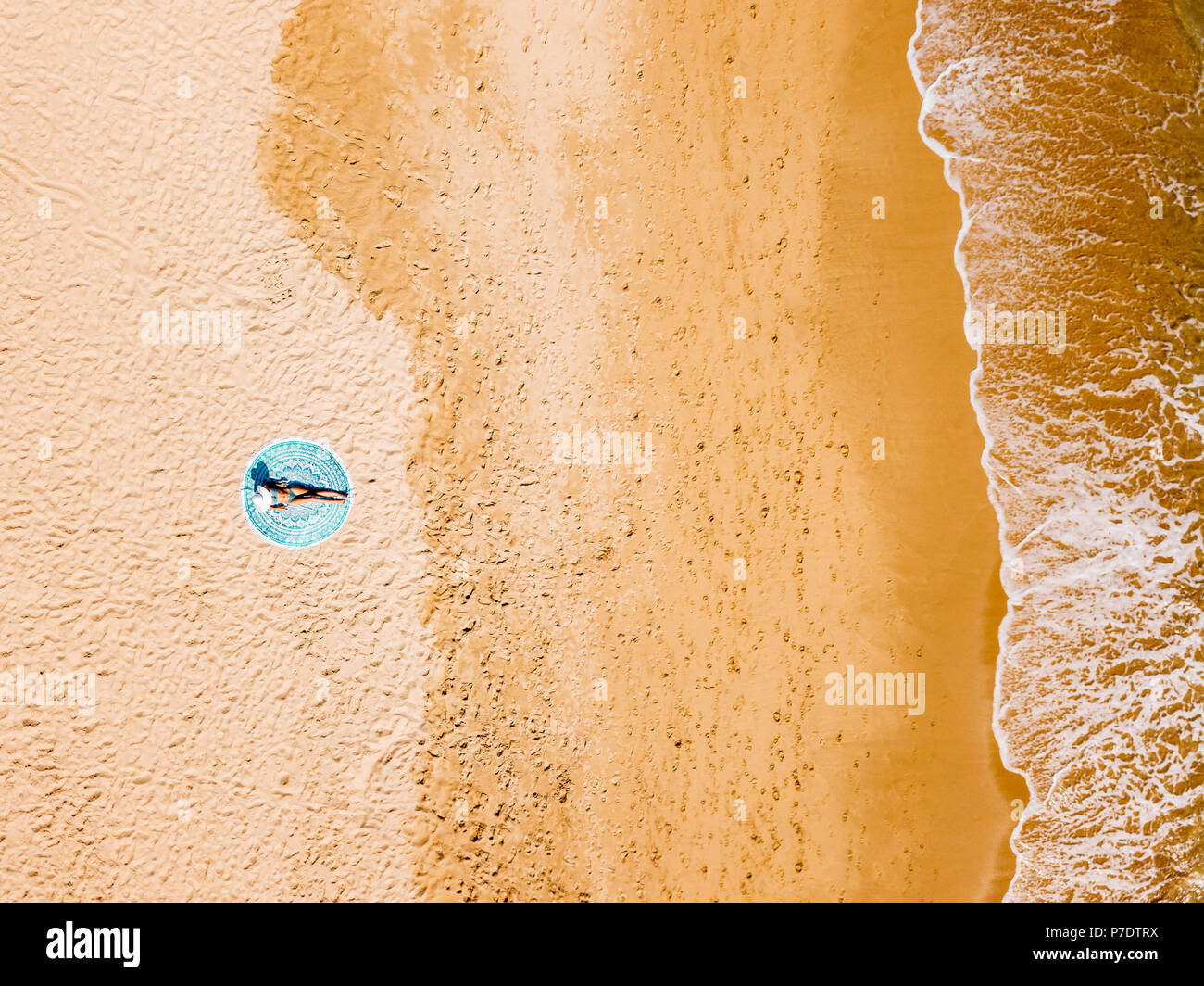 Top Aerial Drone View Of Woman In Swimsuit Bikini Relaxing And ...