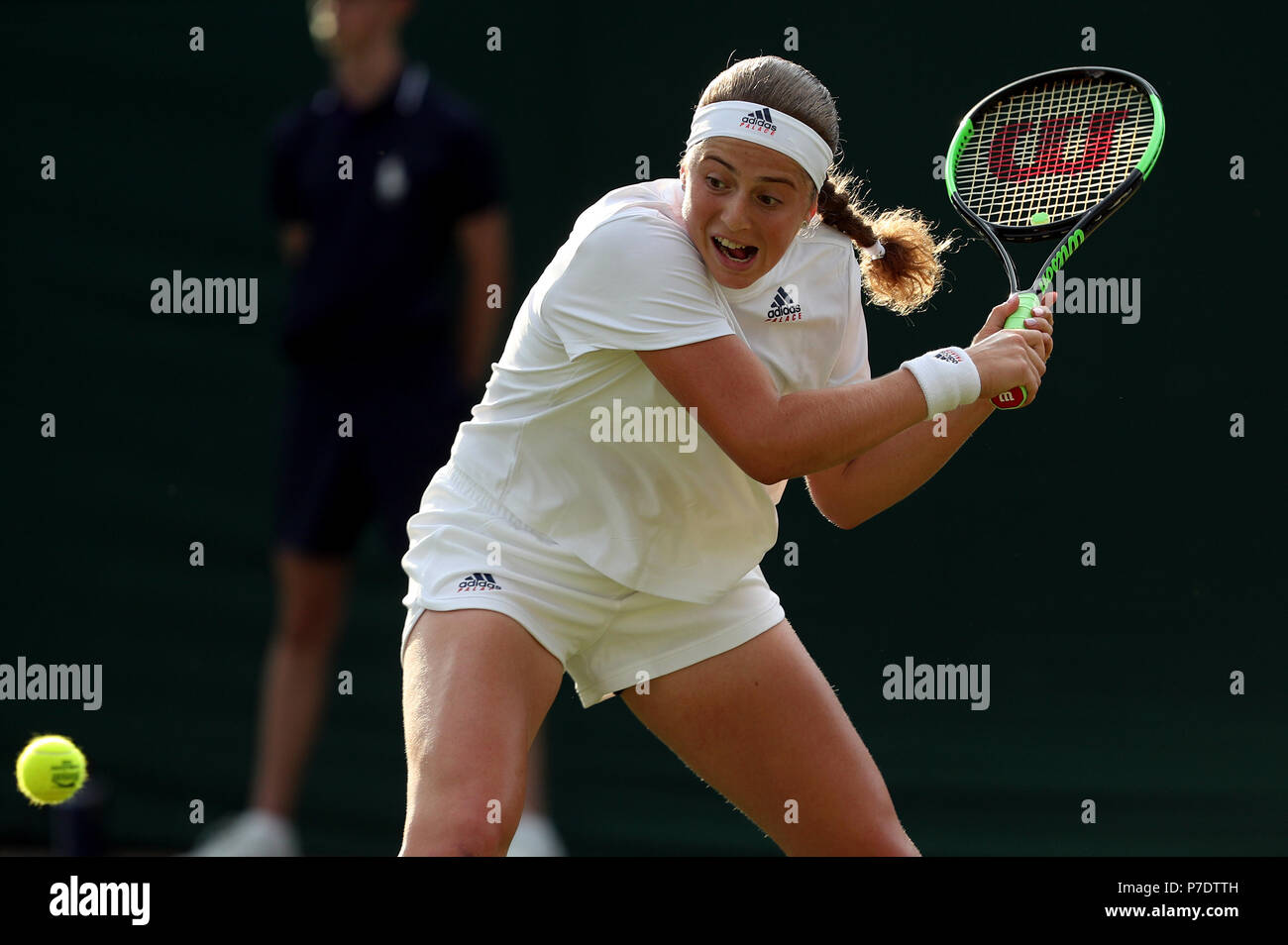 Jelena Ostapenko in action on day four of the Wimbledon Championships ...