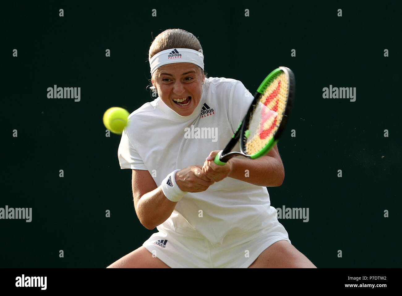 Jelena Ostapenko in action on day four of the Wimbledon Championships ...
