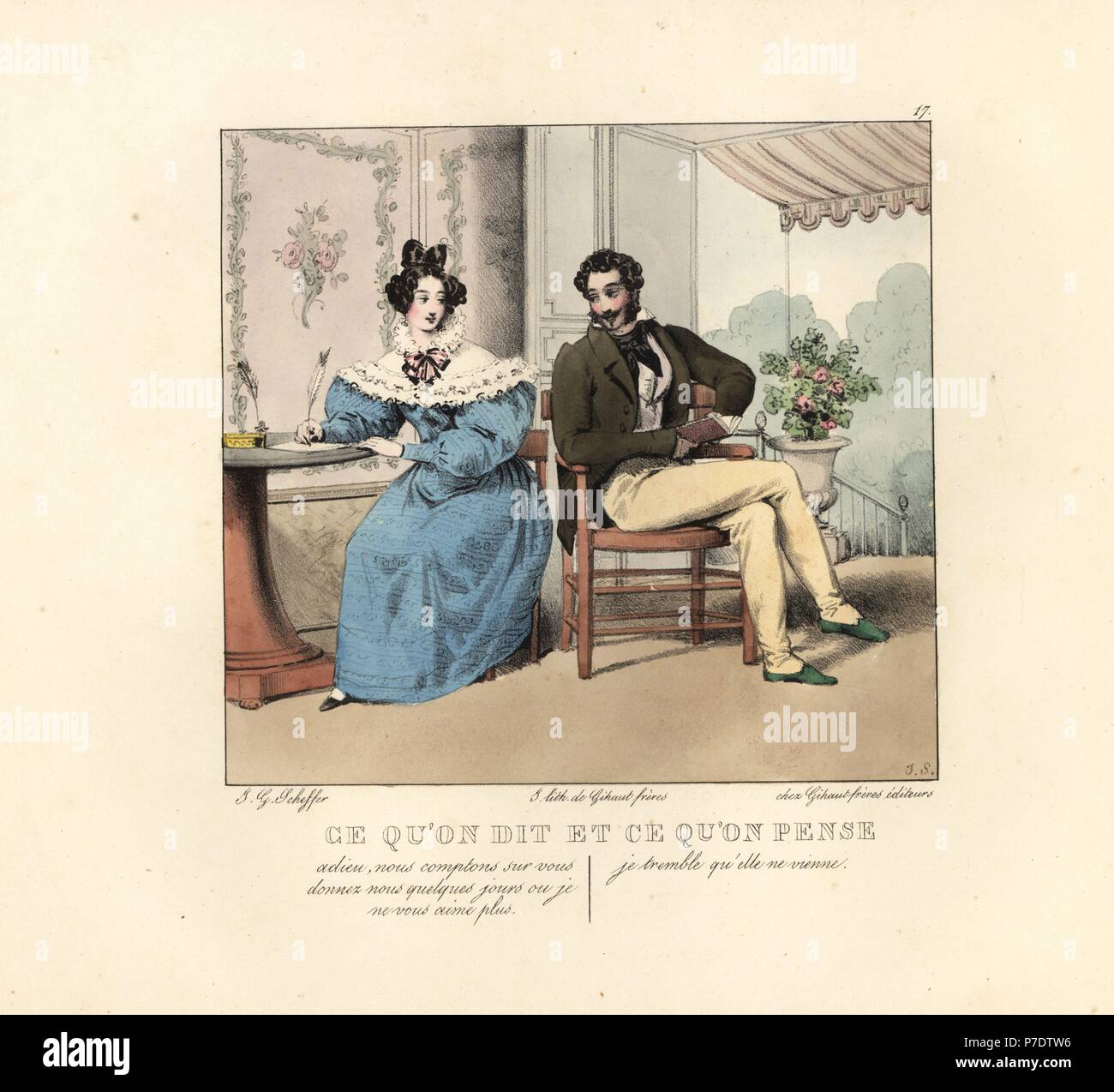 Lady and her gentleman caller writing and reading in a garden terrace ...