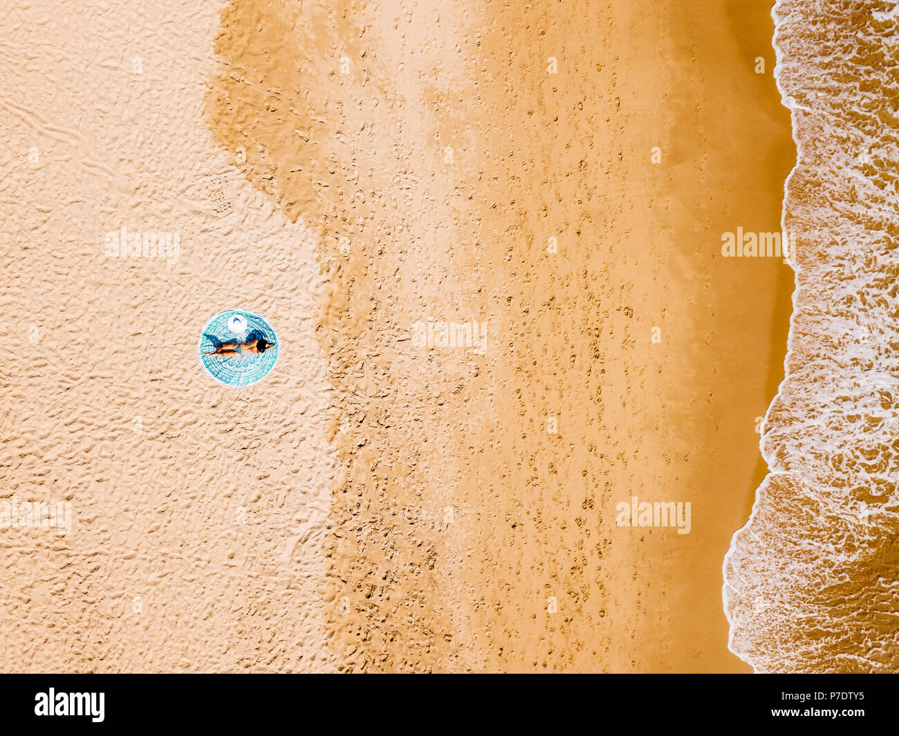 Top Aerial Drone View Of Woman In Swimsuit Bikini Relaxing And ...