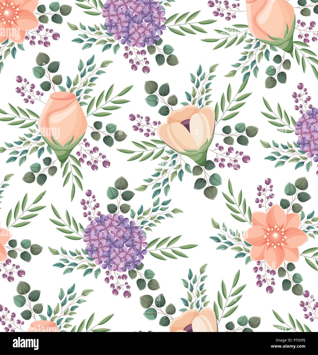 floral background flowers leaves berry decoration vector illustration ...