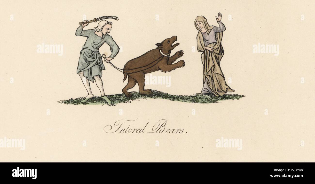 Woman dancing in front of a bear chained to its master but scourged to ...