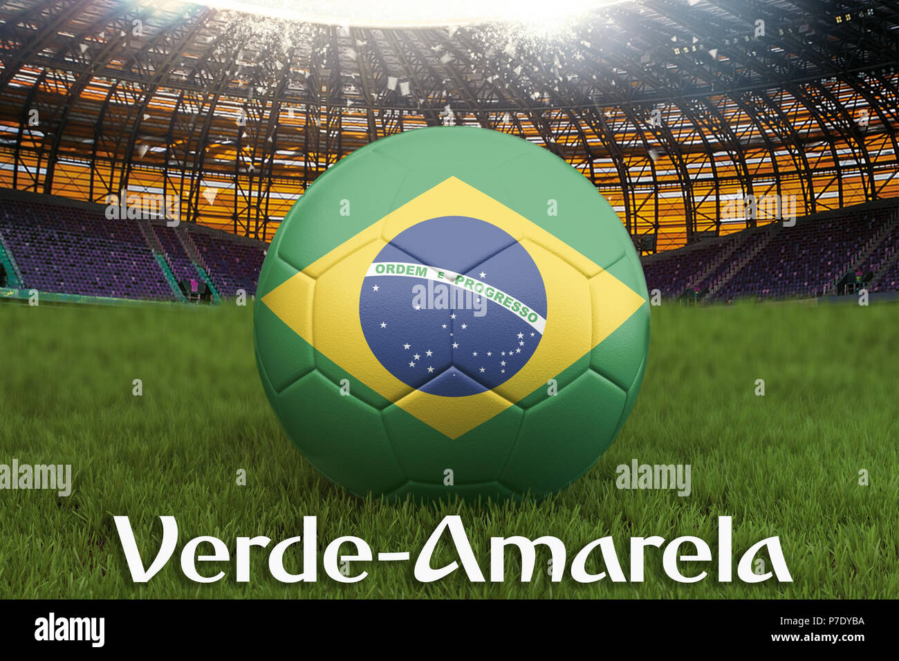 The Green and Yellow on Brazil language on football team ball on big ...