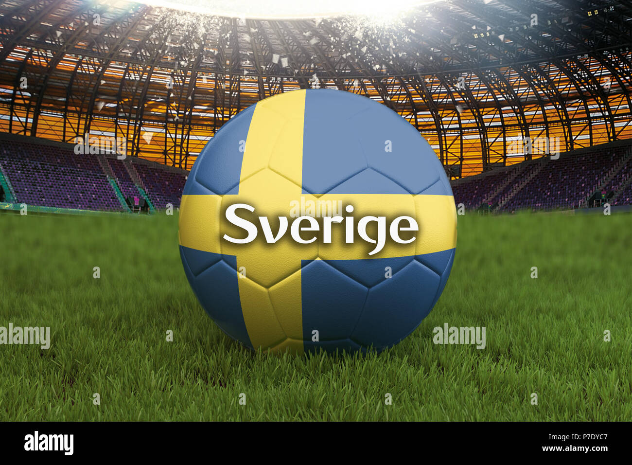 Sweden on Swedish language on football team ball on big stadium ...
