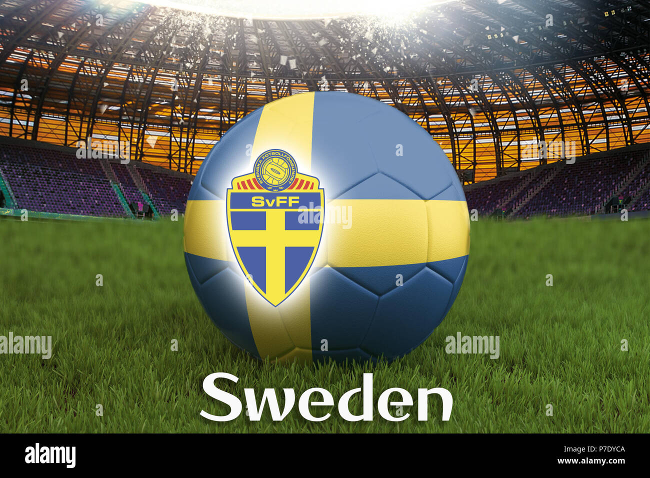 Sweden football team ball on big stadium background with Sweden Team ...