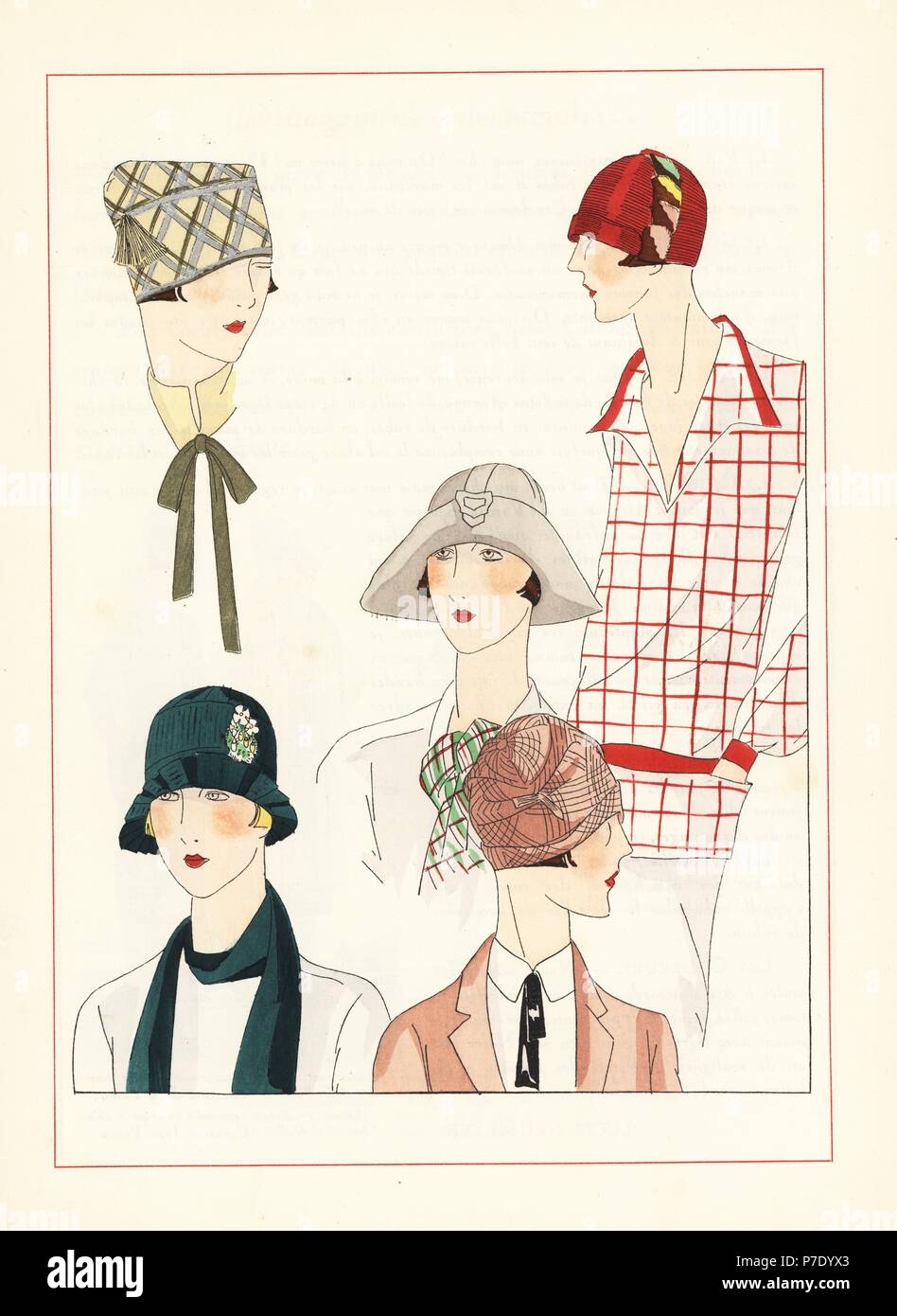Women in cloche hats in various fabrics in the fashion of 1926 ...