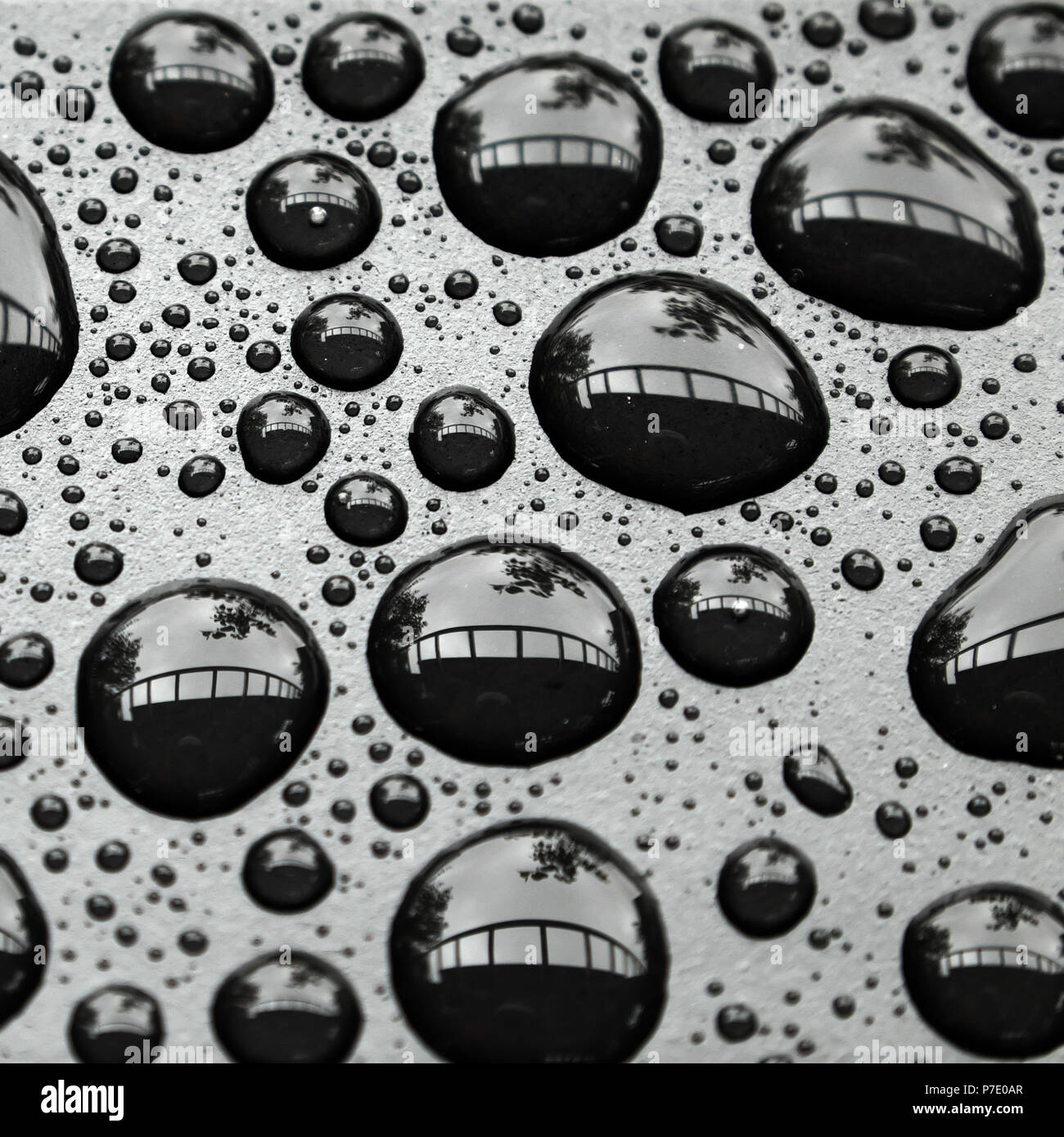 Amazing shape of rain drop on steel surface after rainy day, water ...