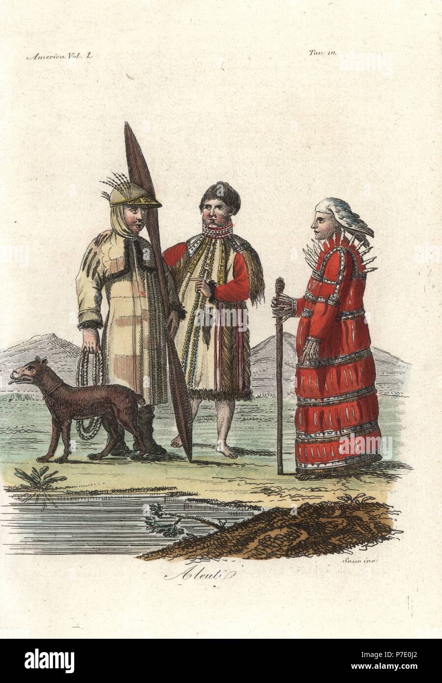 Natives of the Aleutian Islands, hunter in sealskins with kayak oar and ...