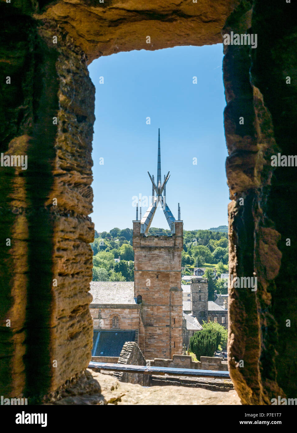 View of square tower with modern metal steeple, St Michael’s Parish ...