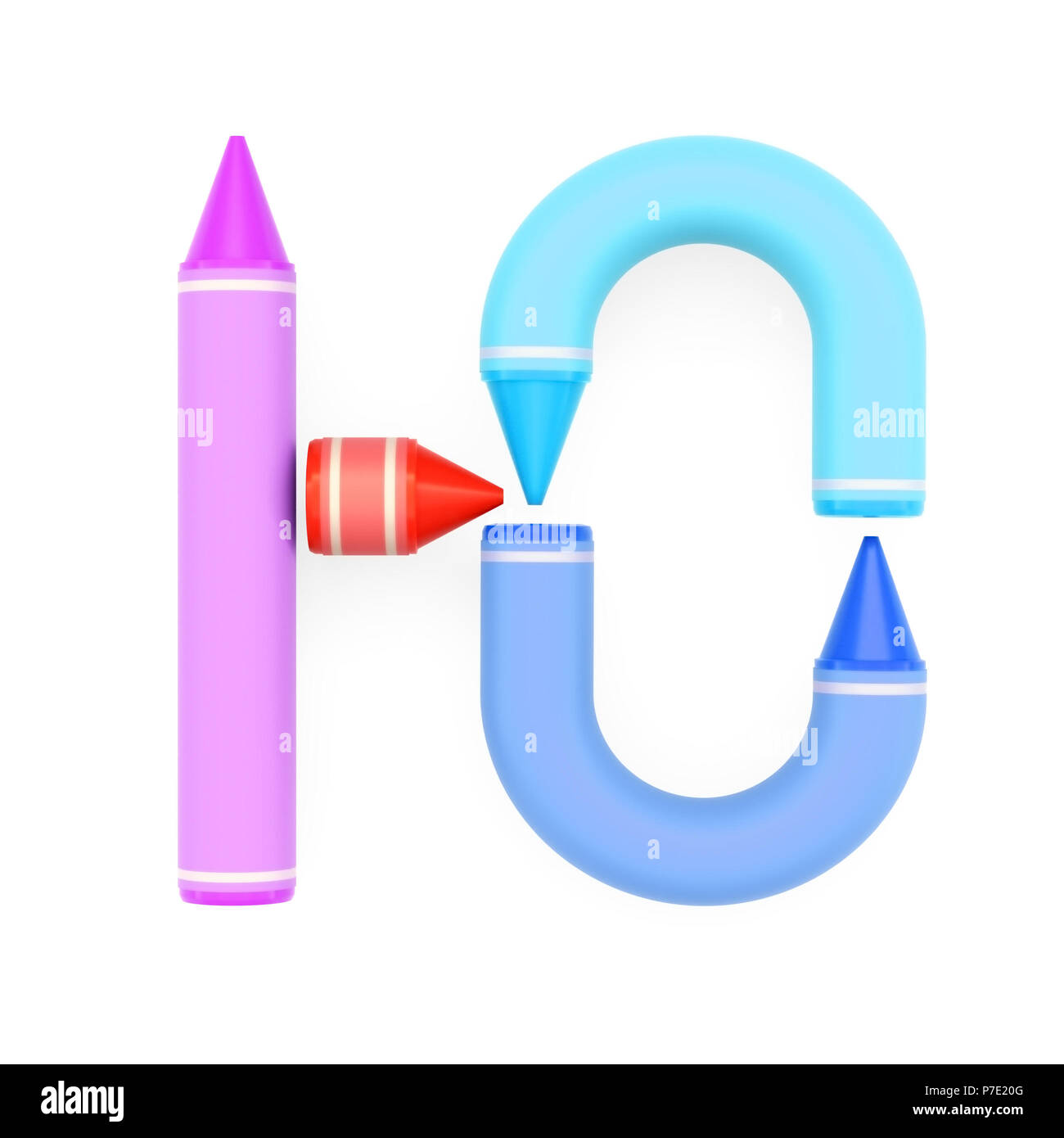 Colored wax crayons assembled like capital letter U or Yu of Cyrillic ...