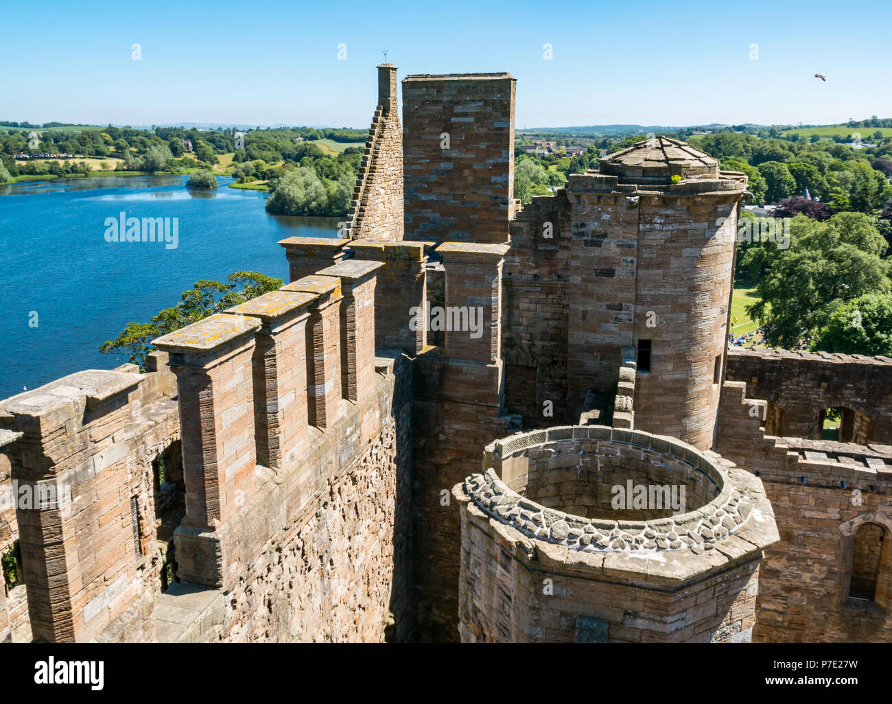 View of loch from tower top of ruined Linlithgow Palace, West Lothian ...