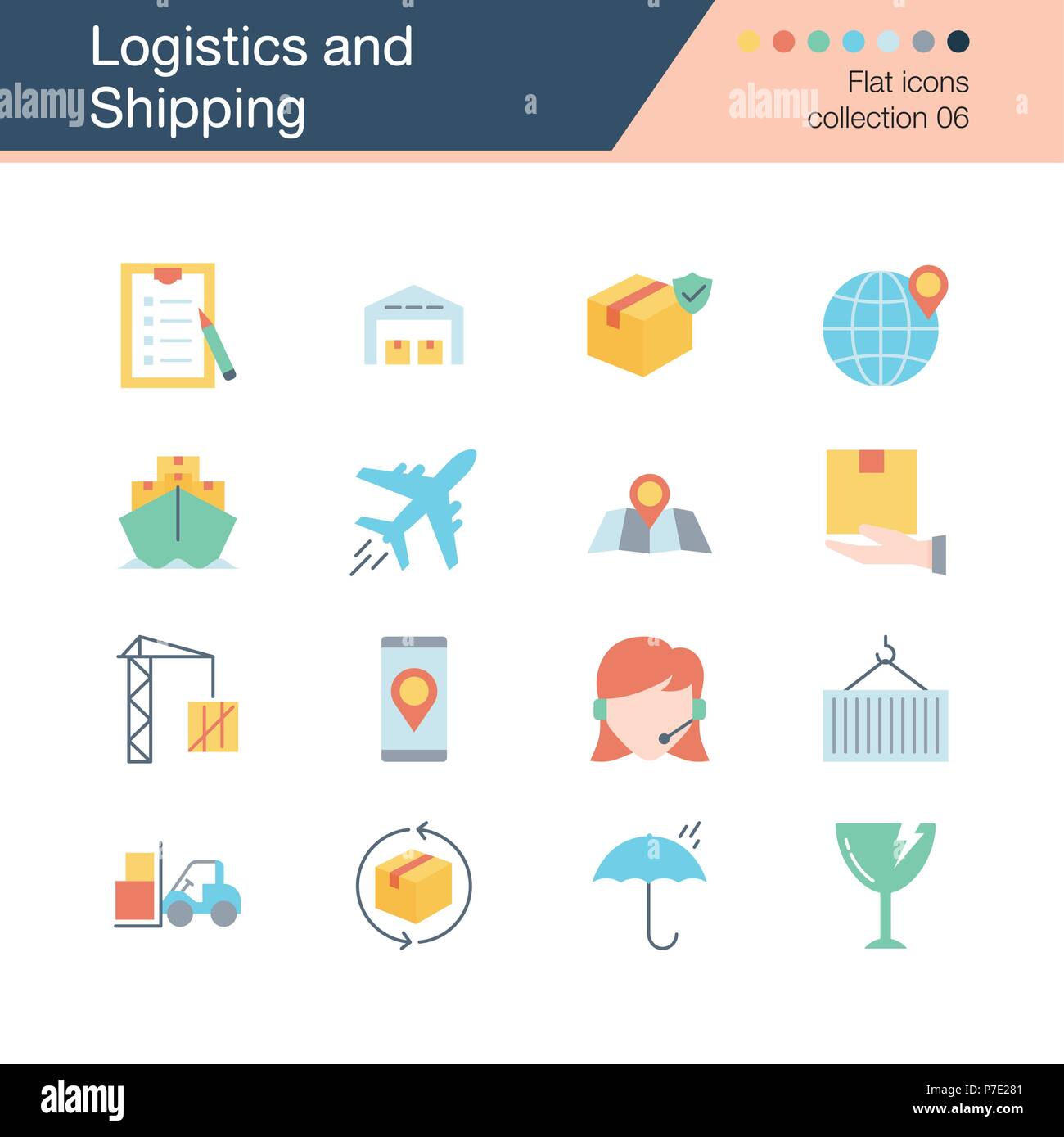 Logistics and Shipping icons. Flat design collection 6. For ...