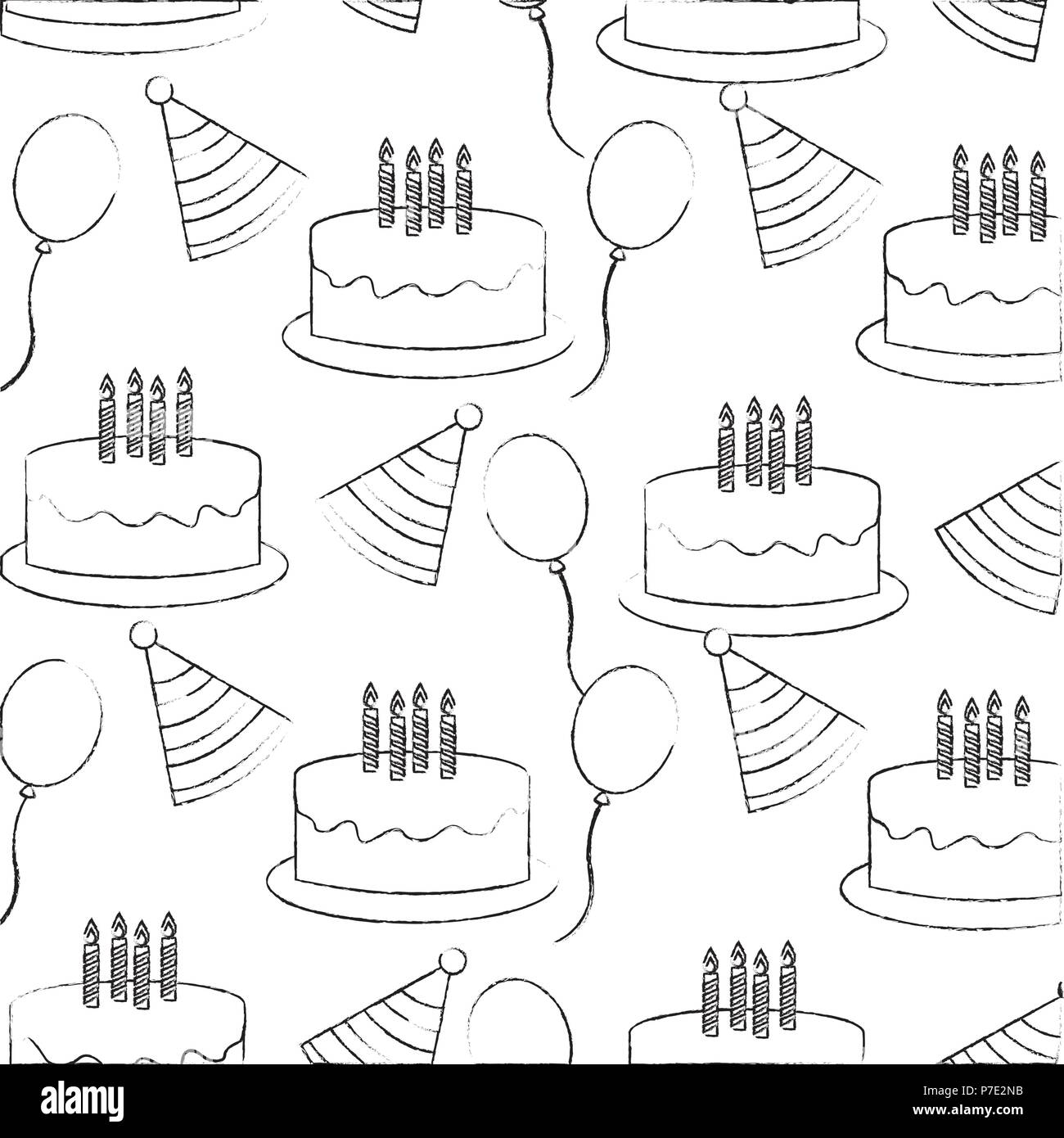 birthday cake candles party hat balloons pattern vector illustration ...