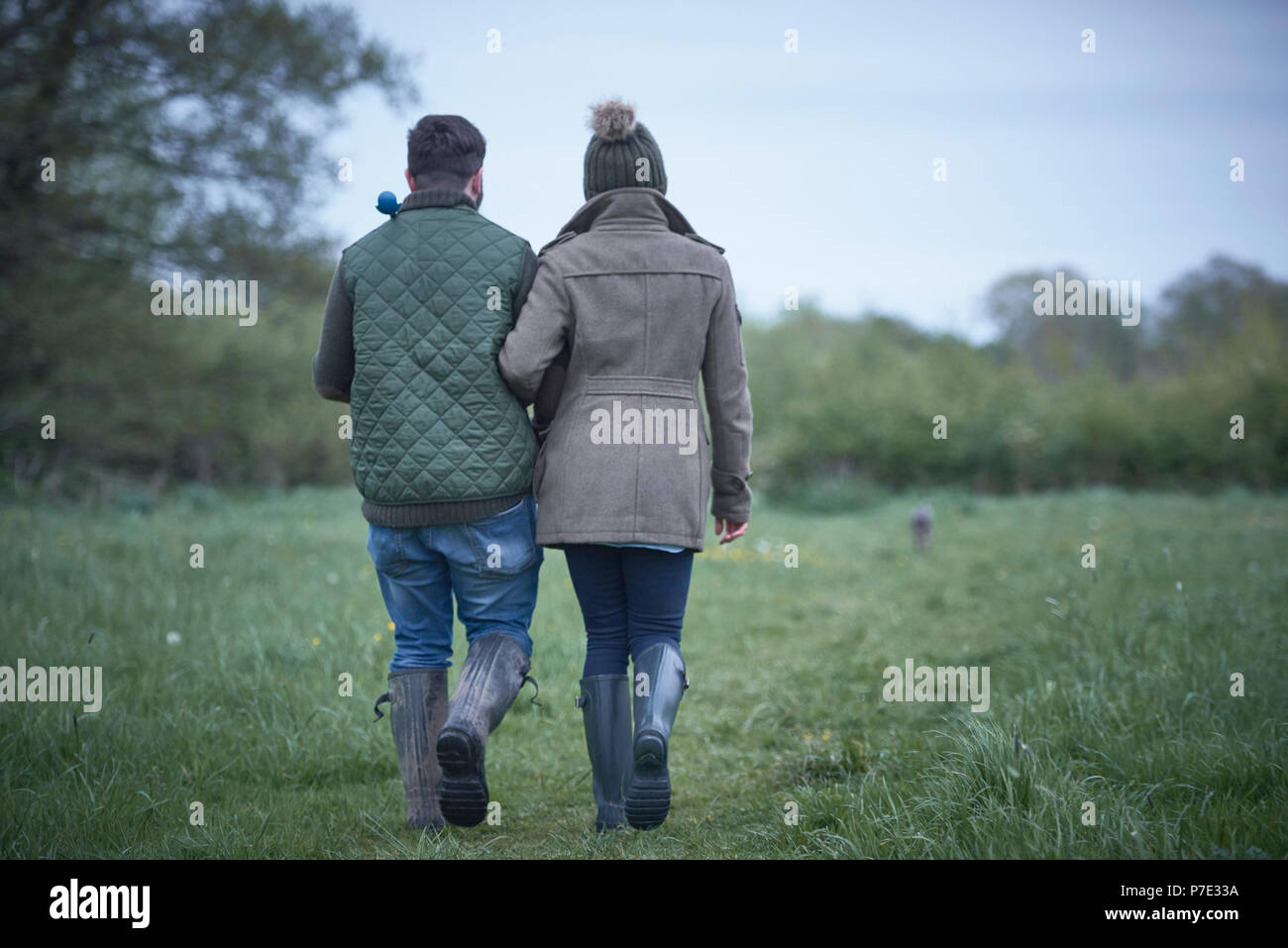 Man and woman walking arm in arm across field, rear view Stock Photo ...