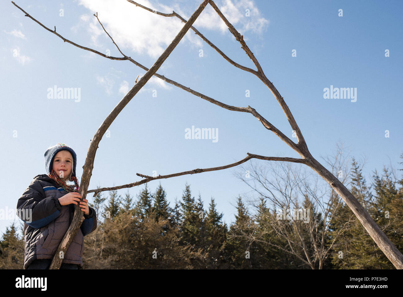 Portrait of boy holding tree branch looking at camera Stock Photo - Alamy