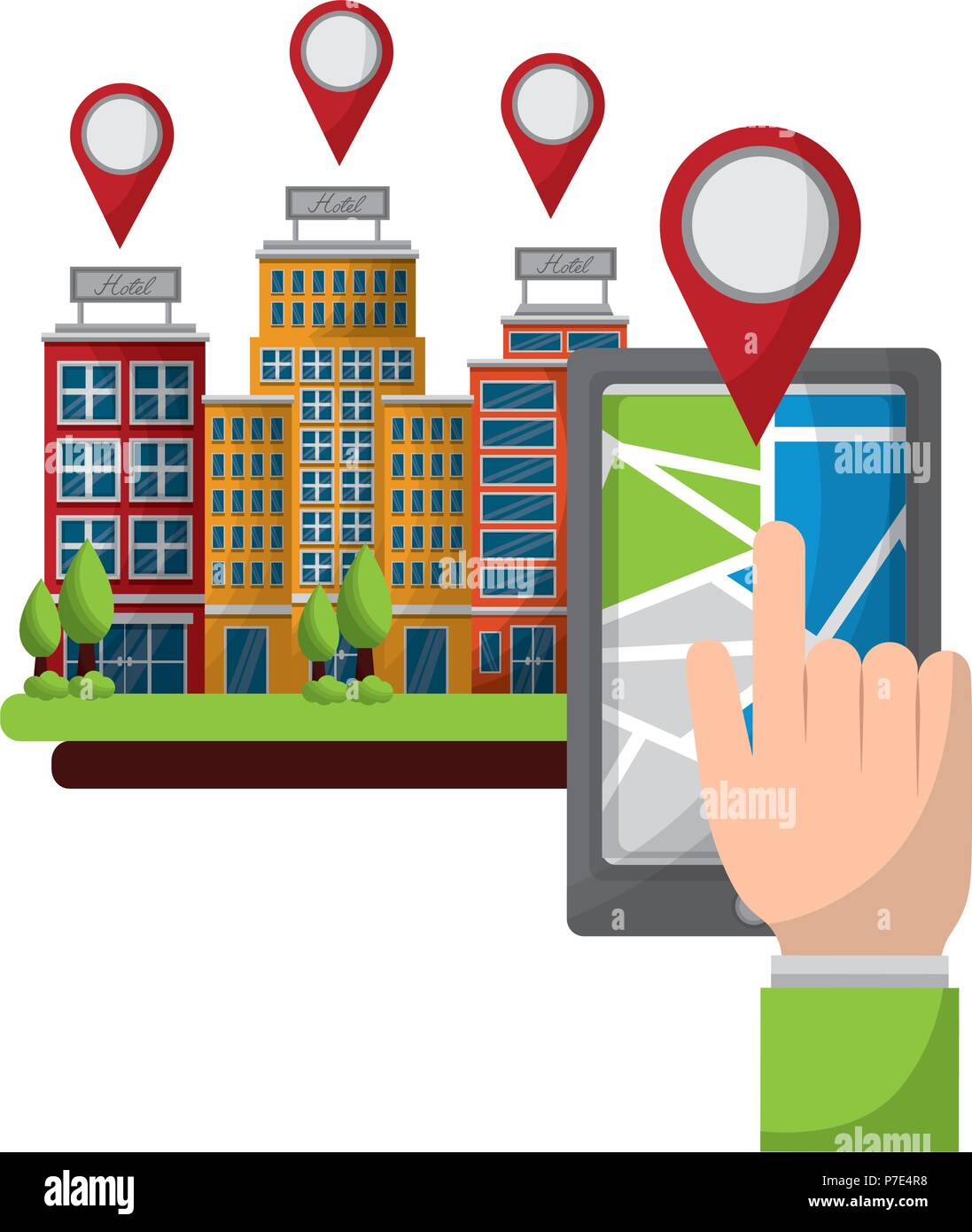 hand gps location pin on smartphone hotel destination vector ...