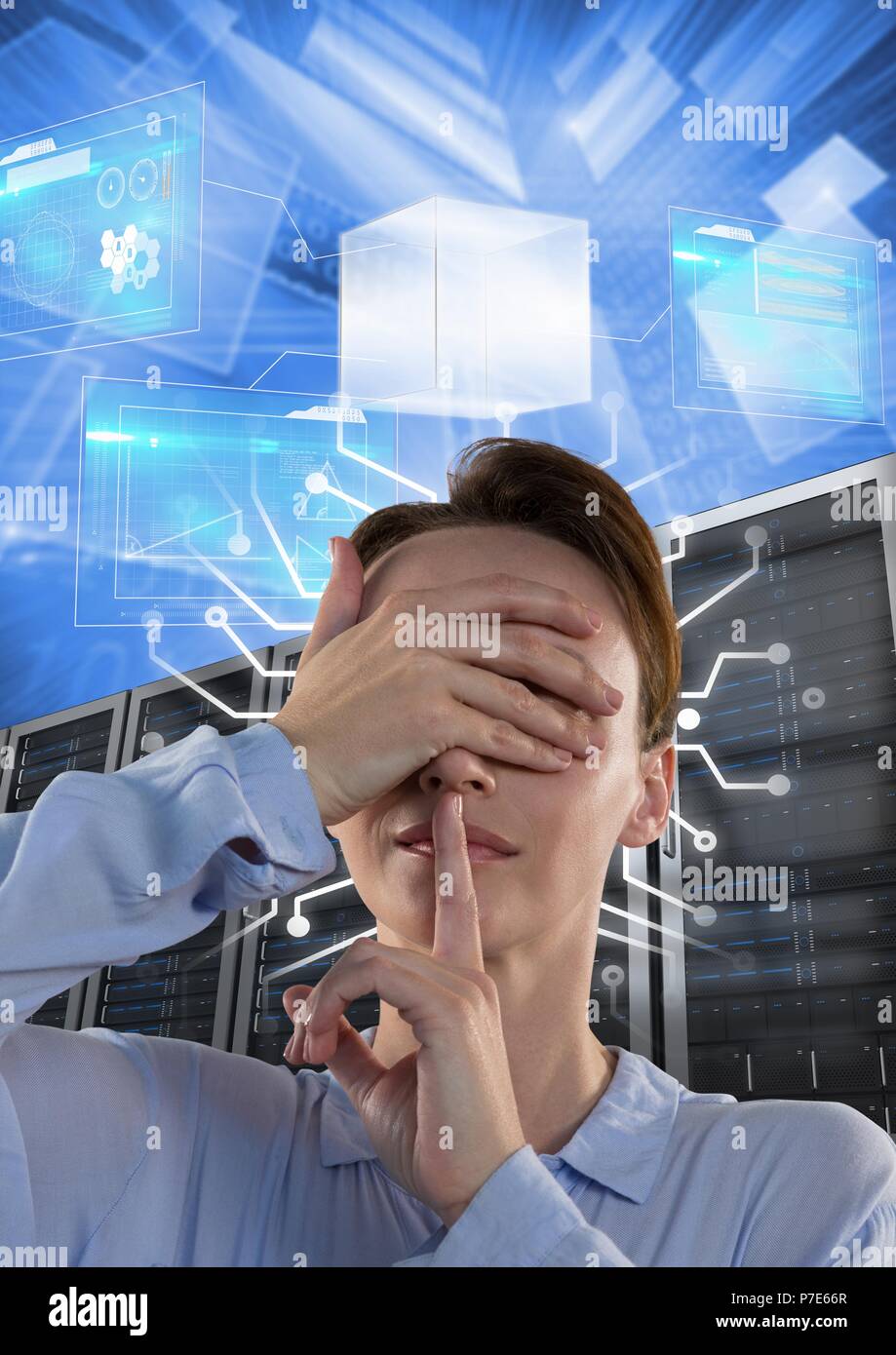 Woman with computer servers and technology information interface Stock ...