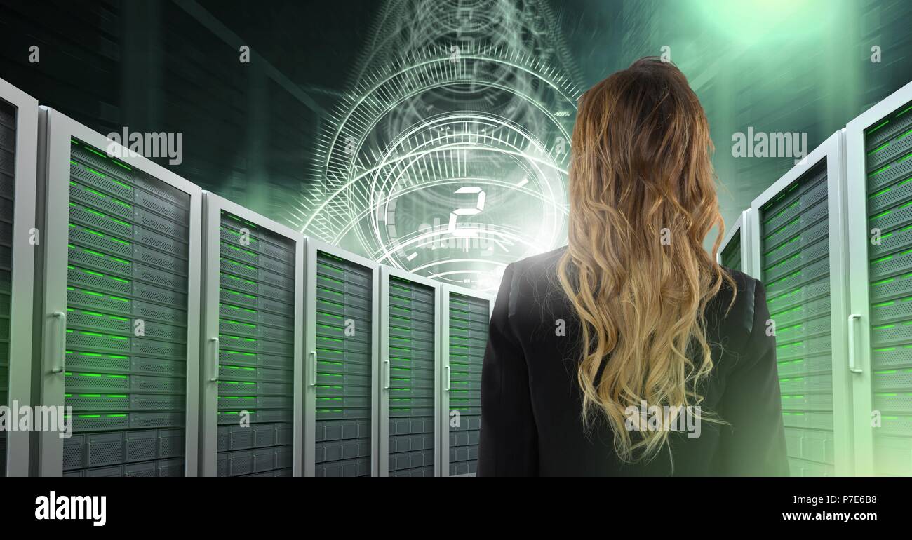 Woman with computer servers and technology information interface Stock ...