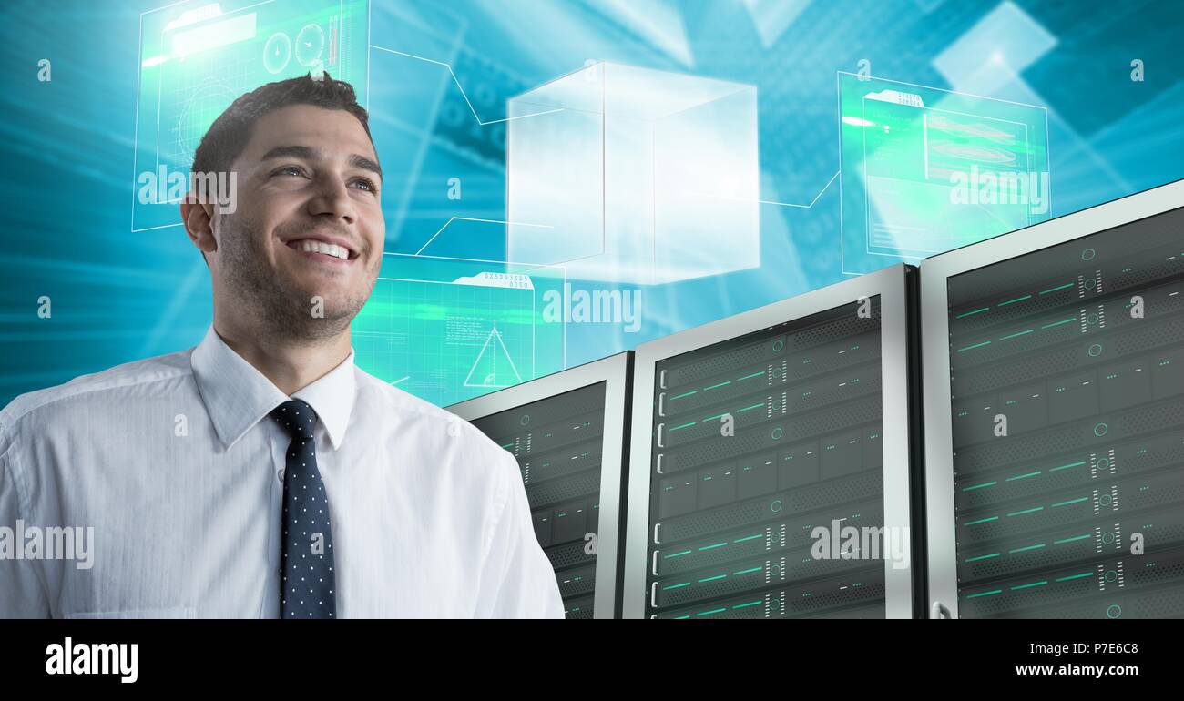 Man with computer servers and technology information interface Stock ...