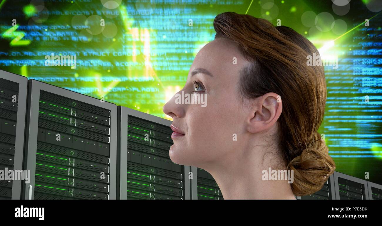 Woman with computer servers and technology code information interface ...