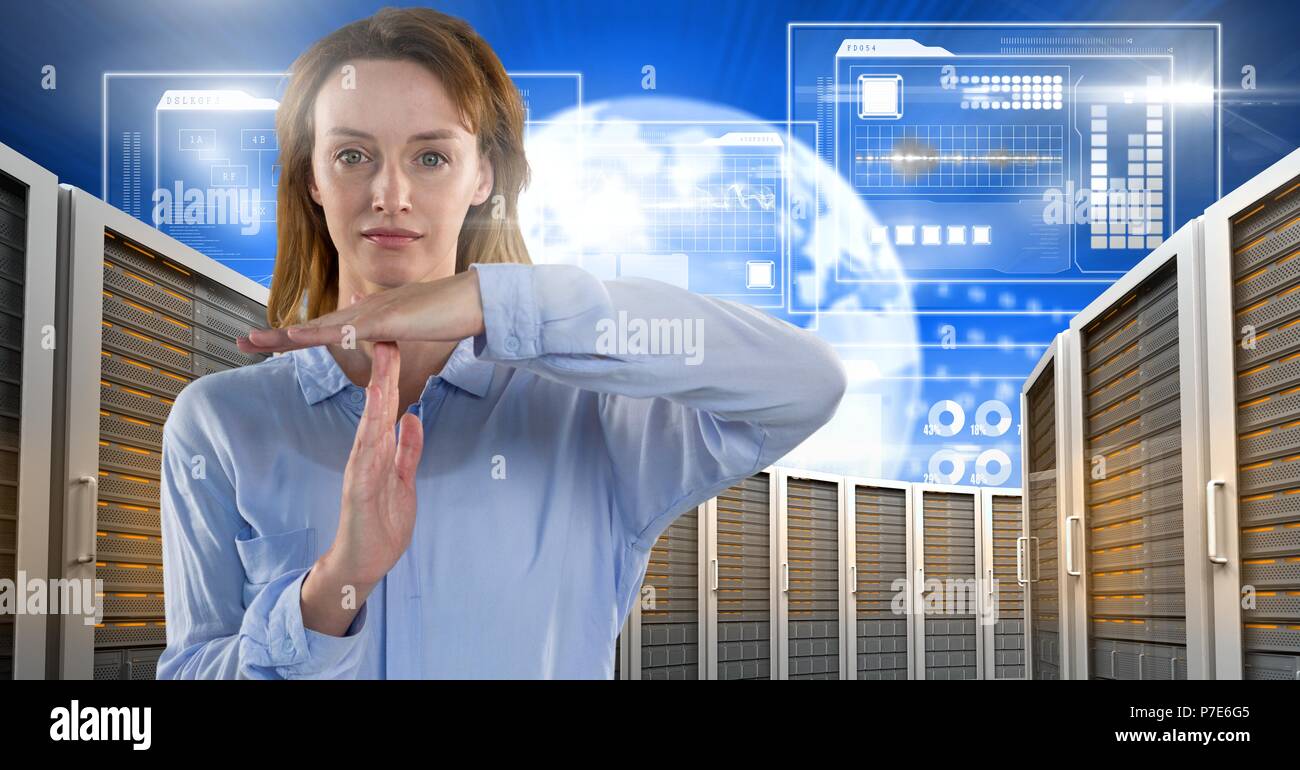 Woman with computer servers and technology information interface Stock ...