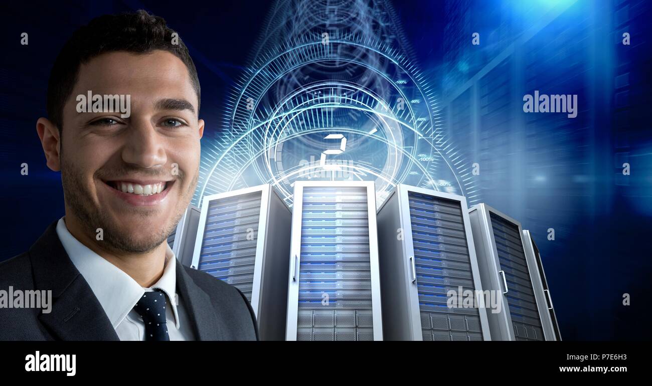 Man with computer servers and technology information interface Stock ...