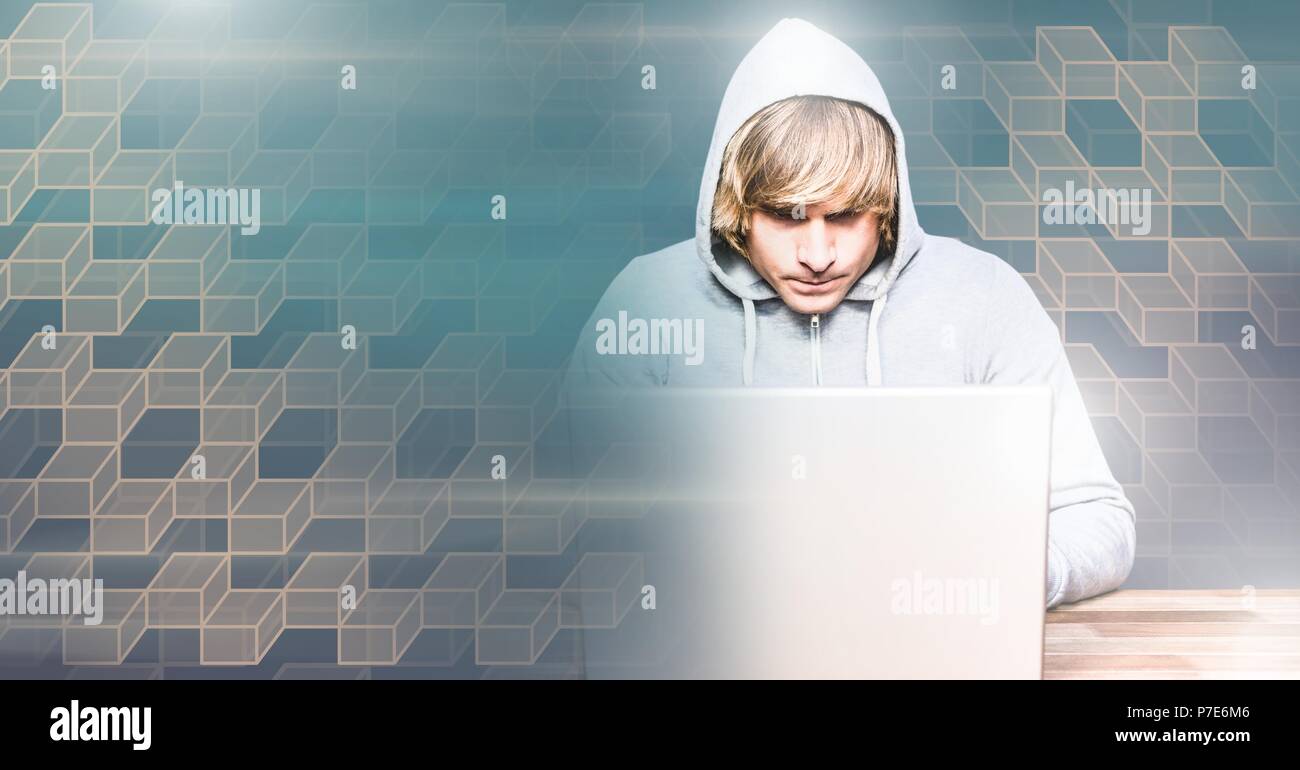 Man using computer with geometric transition Stock Photo - Alamy