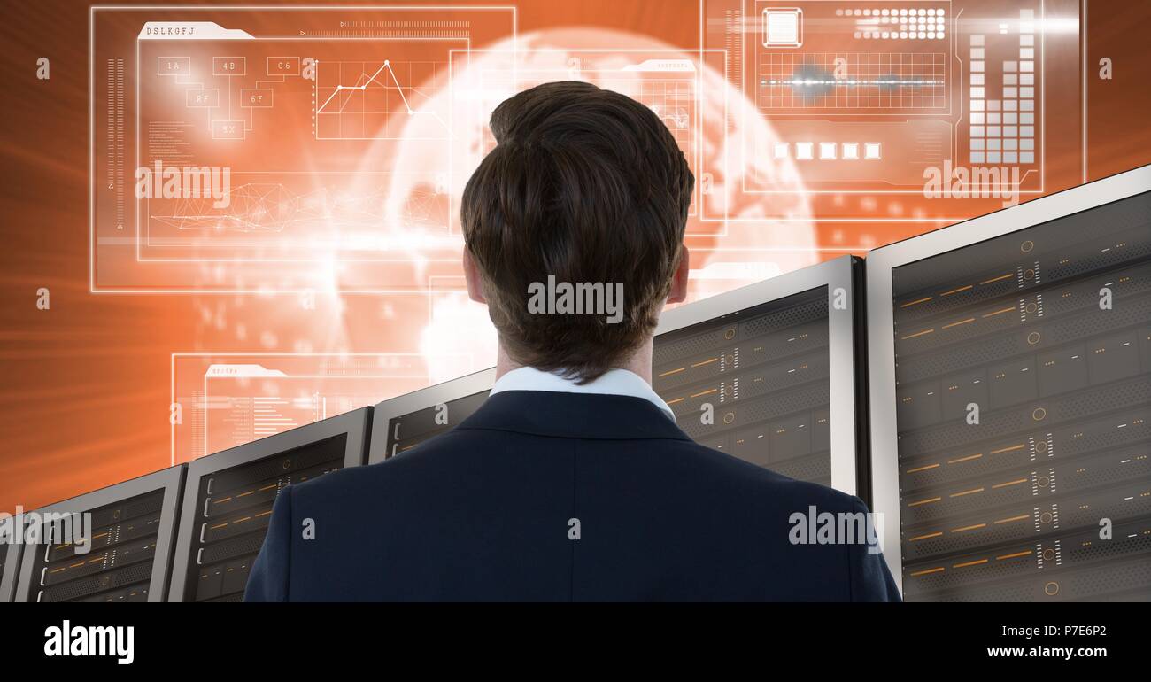 Man with computer servers and technology information interface Stock ...