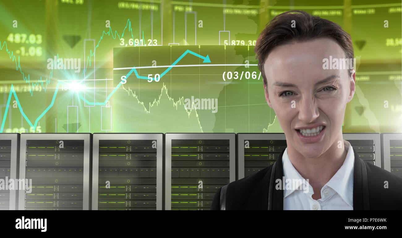 Woman with computer servers and technology information interface Stock ...