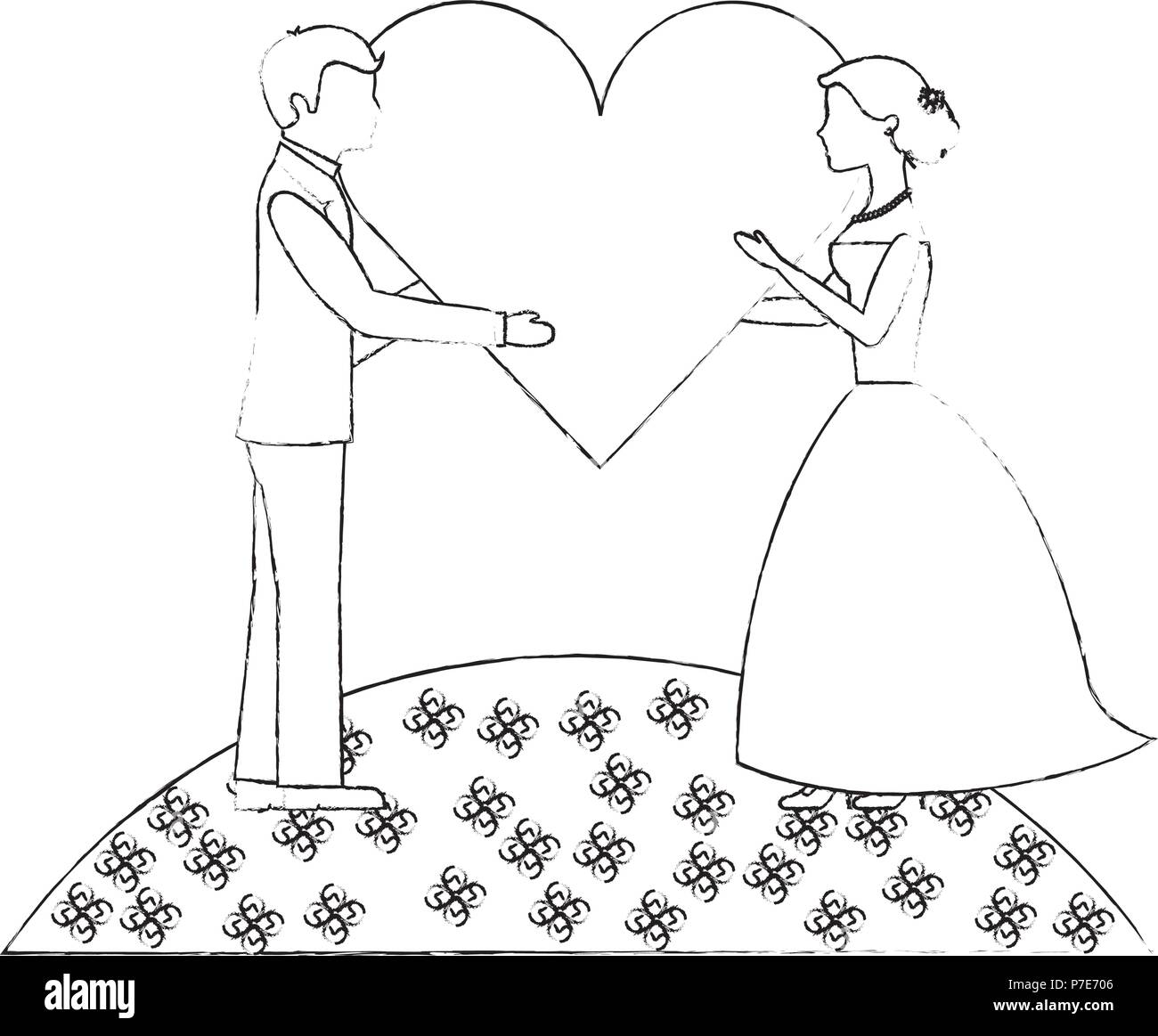 bride and groom with heart wedding day vector illustration sketch Stock ...