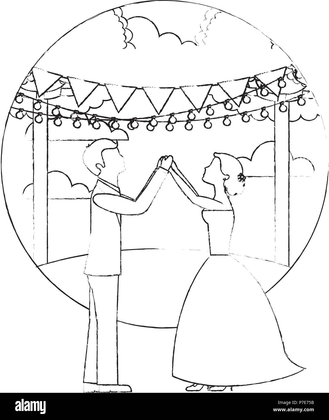 bride and groom wedding and first dance in natural landscape vector ...