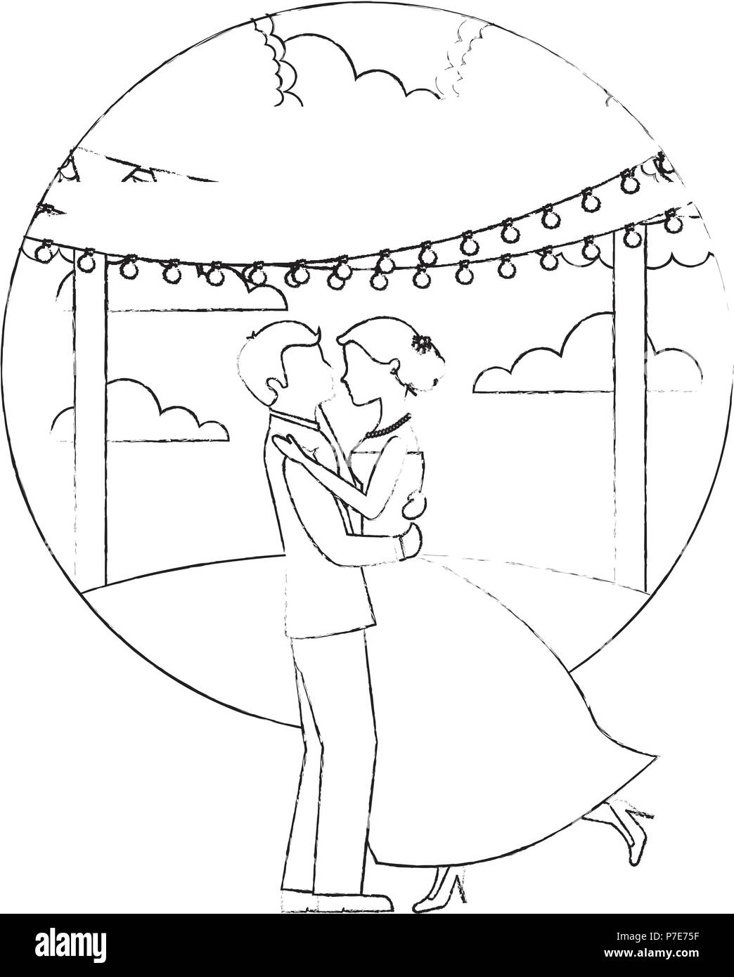 bride and groom wedding and first dance in natural landscape vector ...