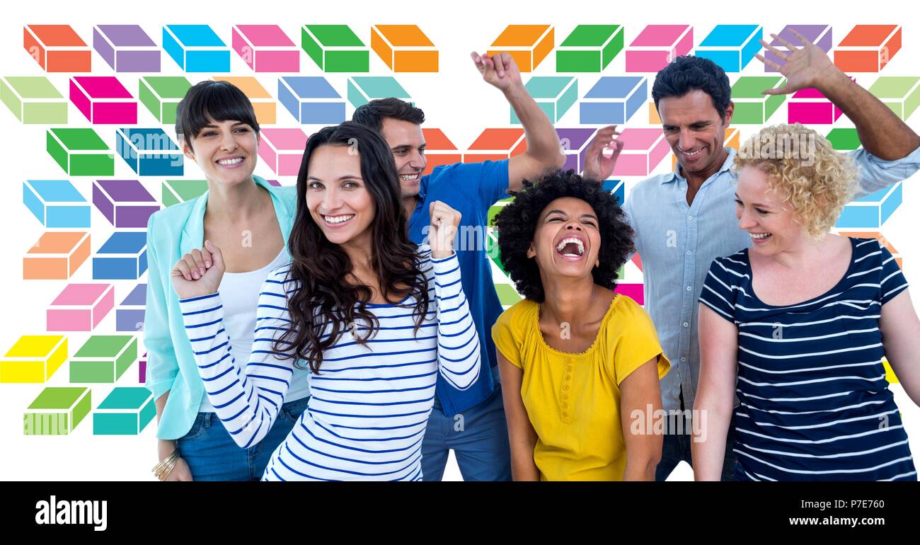 Group of friends having fun with colorful geometric pattern Stock Photo ...