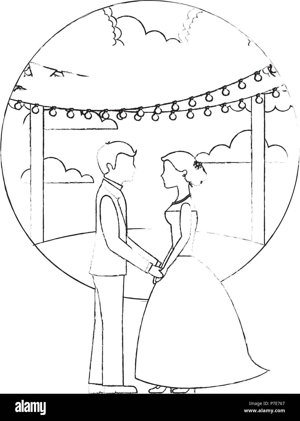 bride and groom holding hands in night scene vector illustration sketch ...